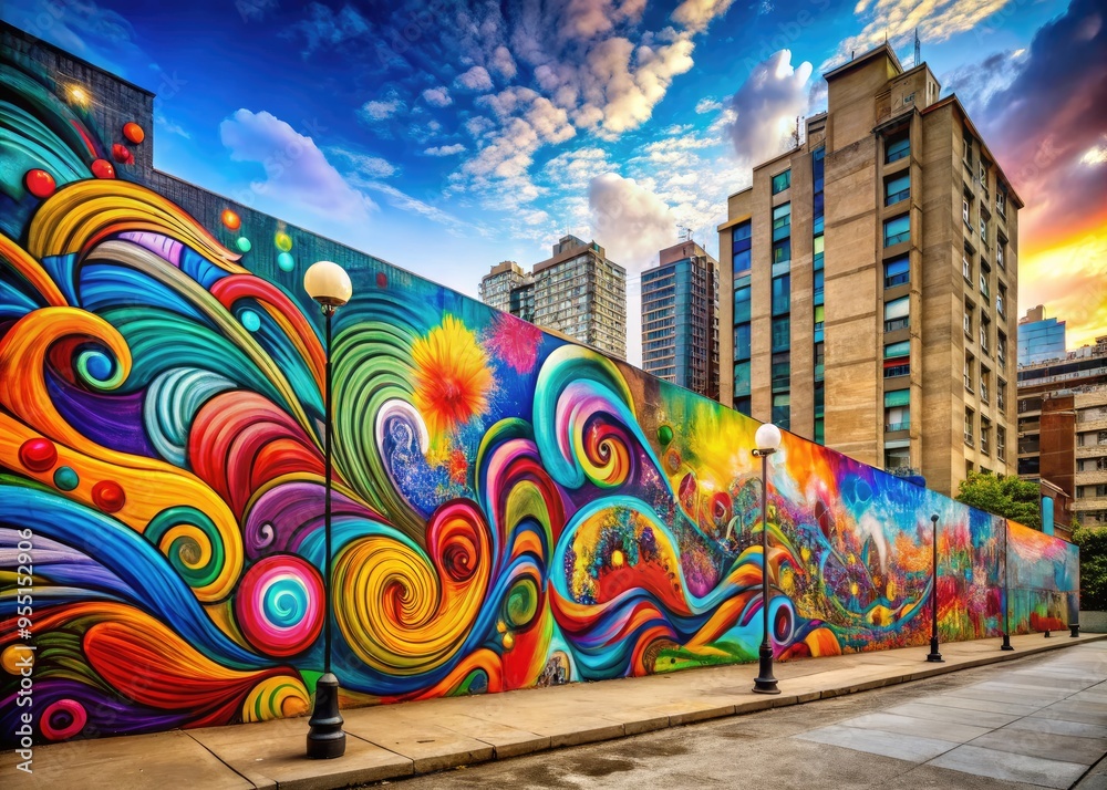 Vibrant urban street art mural covers entire city wall, featuring ... Vibrant urban street art mural covers entire city wall, featuring ...
