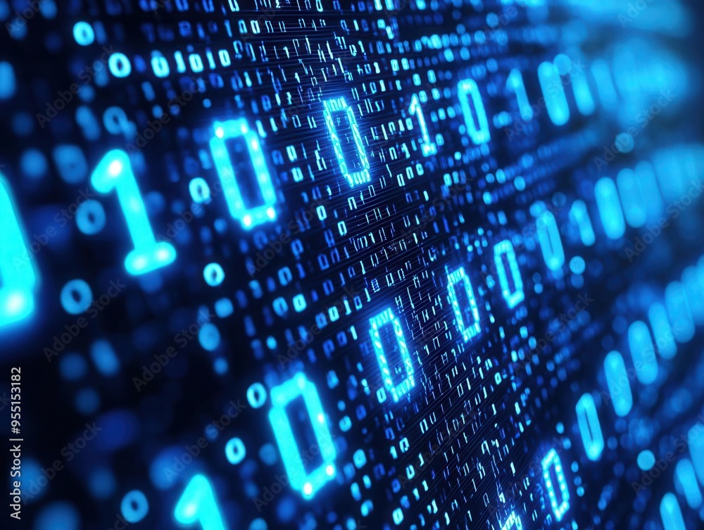 The blue digital binary code streaming on a computer screen, futuristic data flow, glowing ...