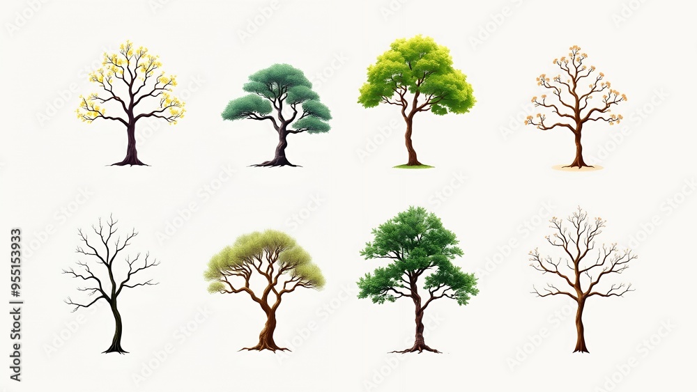 Eight different trees in various stages of growth. Stock Illustration ...