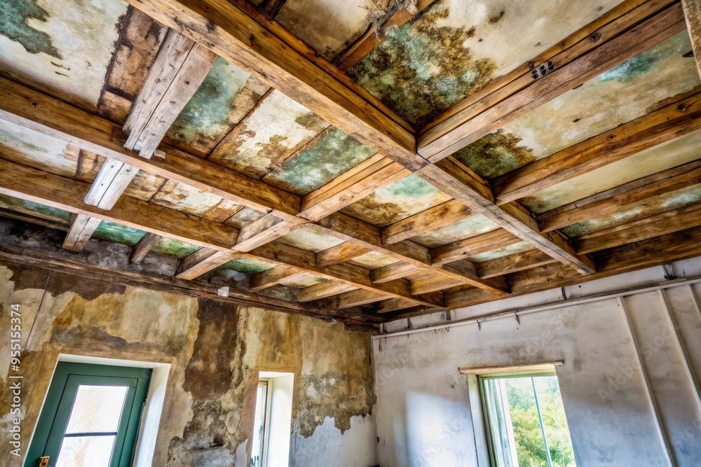 Water-stained ceiling with severe mold growth, peeling paint, and ...