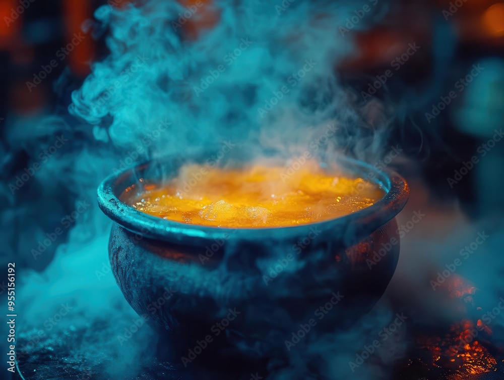 Witch s cauldron punch with dry ice smoke, served in a dark room, eerie ...