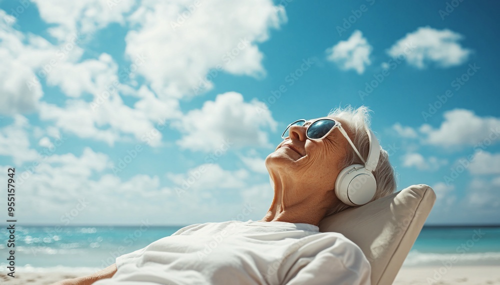 Joyful relaxation of a retired individual enjoying music, embodying the ...