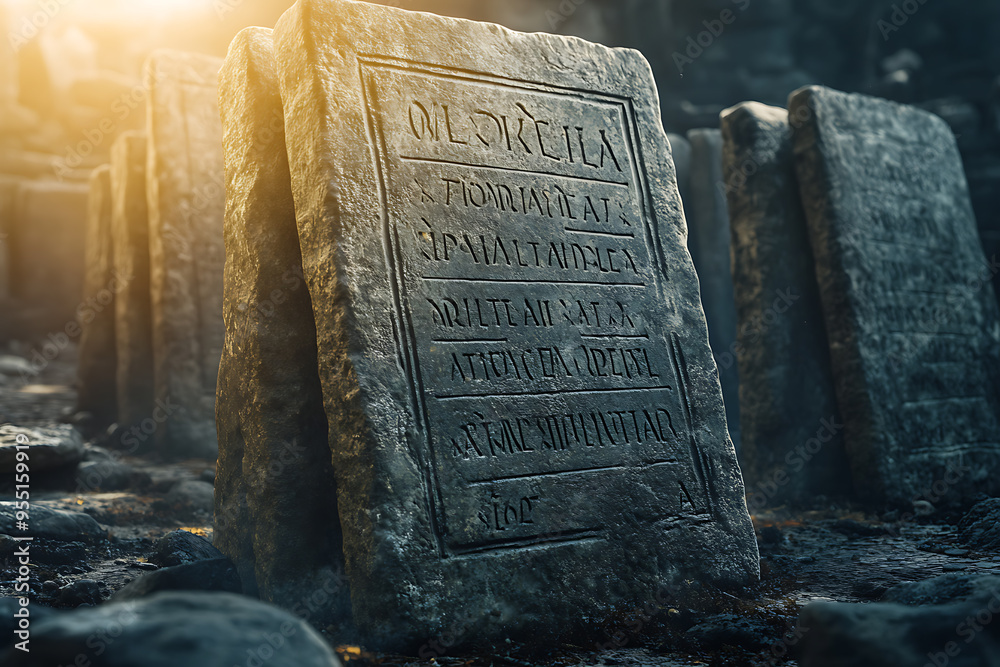 Ancient stone tablets with inscribed commandments, representing a ...