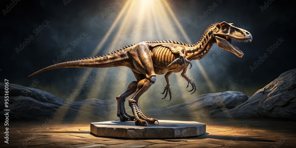 A fragmented dinosaur fossil, reconstructed and mounted on a stone ...