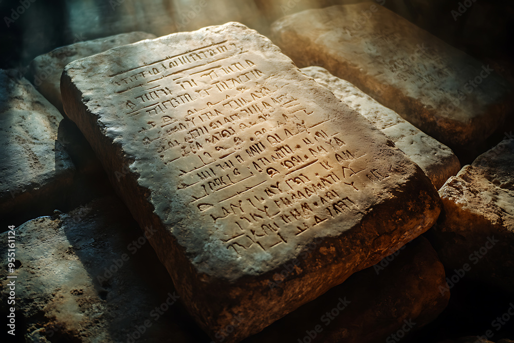 Ancient stone tablets with inscribed commandments, representing a ...