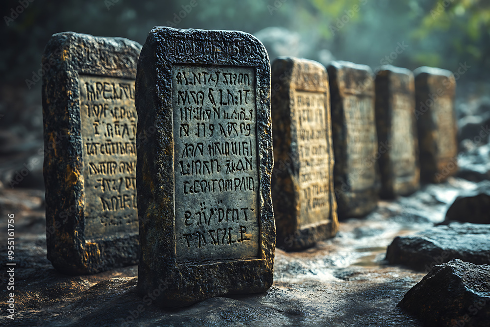 Ancient stone tablets with inscribed commandments, representing a ...