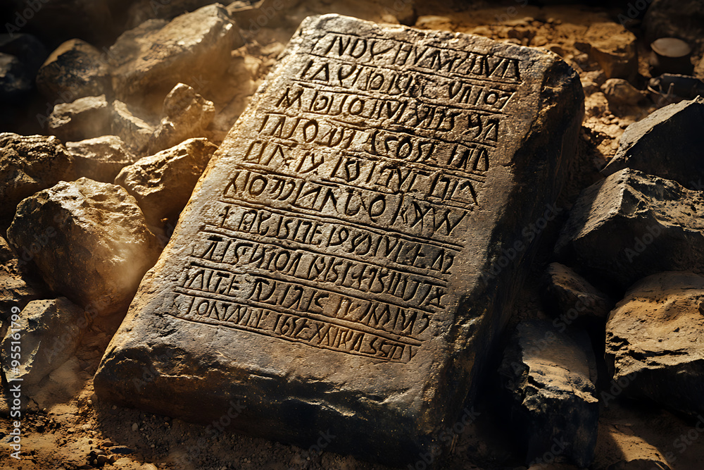 Ancient stone tablets with inscribed commandments, representing a ...
