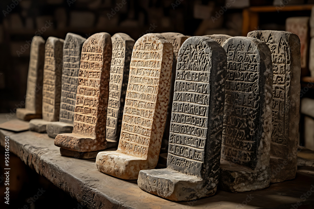 Ancient stone tablets with inscribed commandments, representing a ...