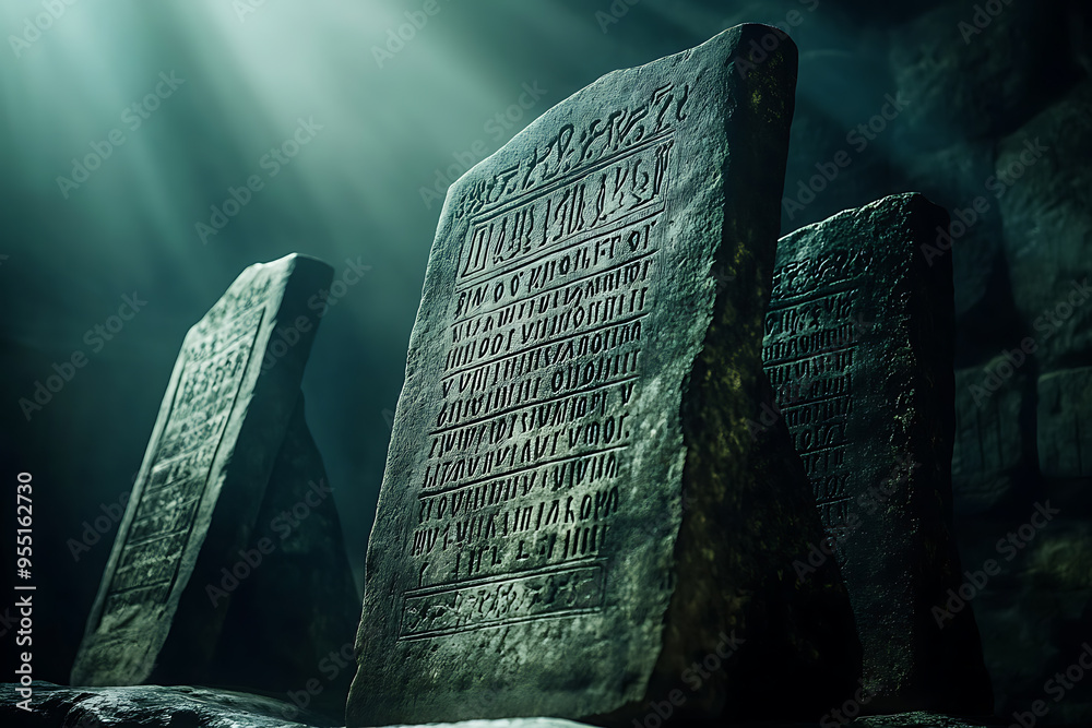 Ancient stone tablets with inscribed commandments, representing a ...