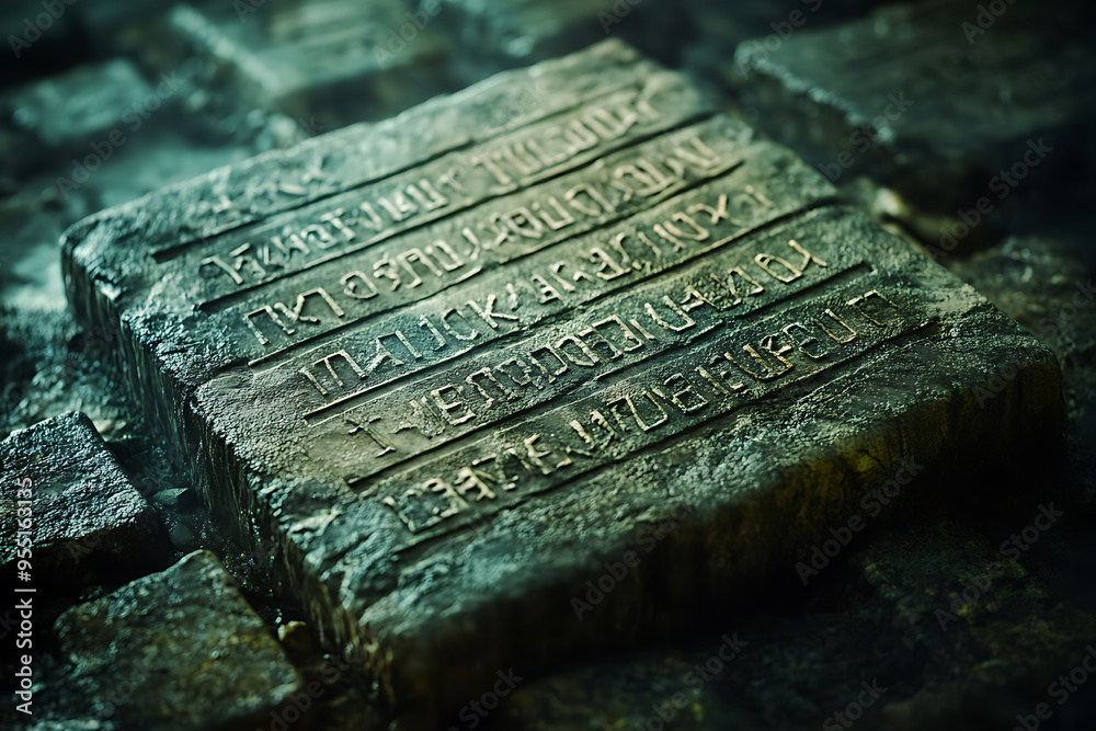 Ancient stone tablets with inscribed commandments, representing a ...