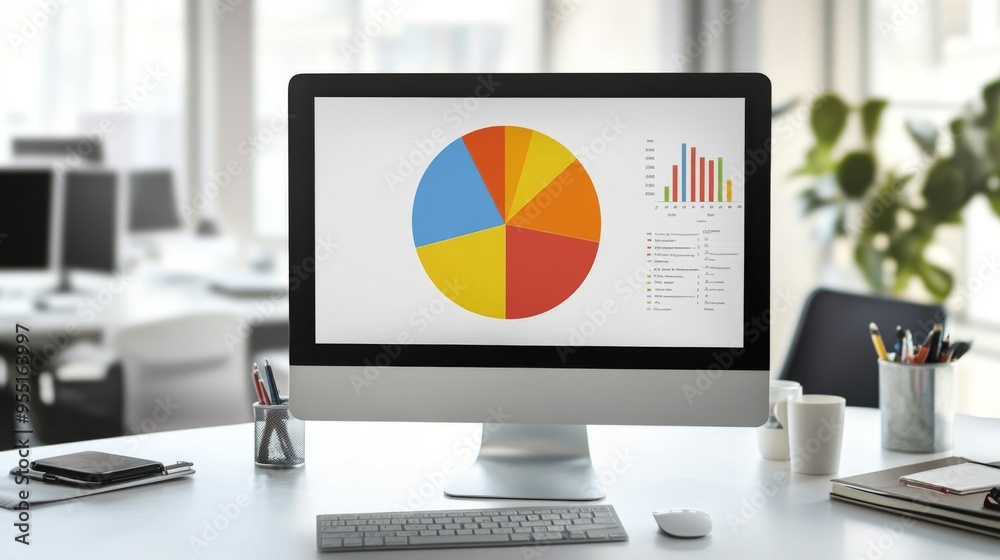 A pie chart displayed on a computer screen in a modern office, with ...