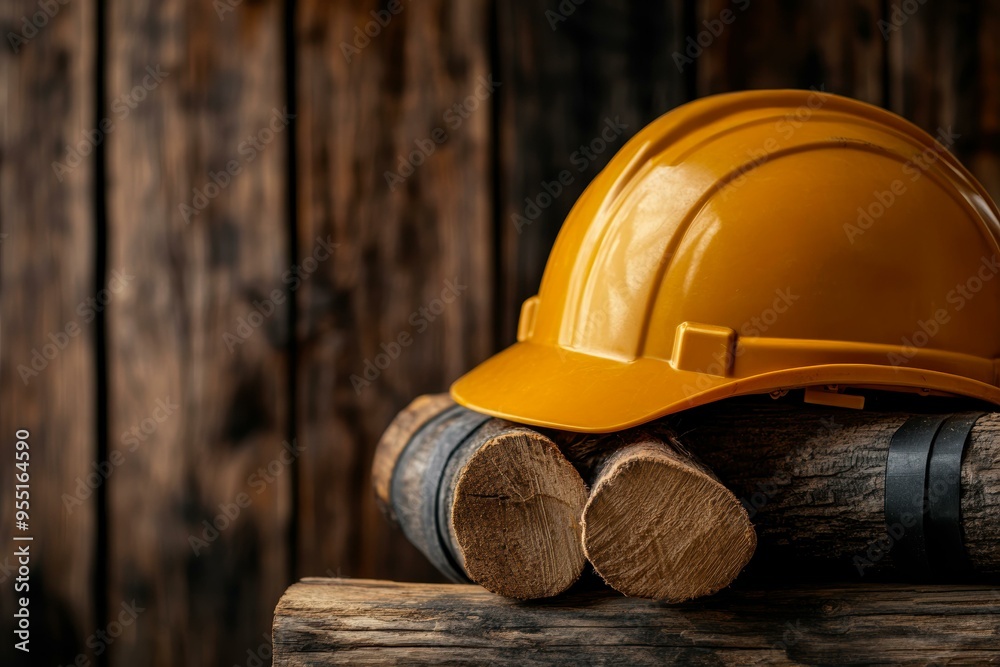 A yellow construction hard hat resting on stacked logs with a rustic ...