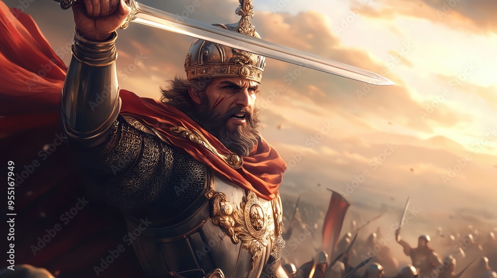 A valiant king stands proud, sword raised high, inspiring his army ...