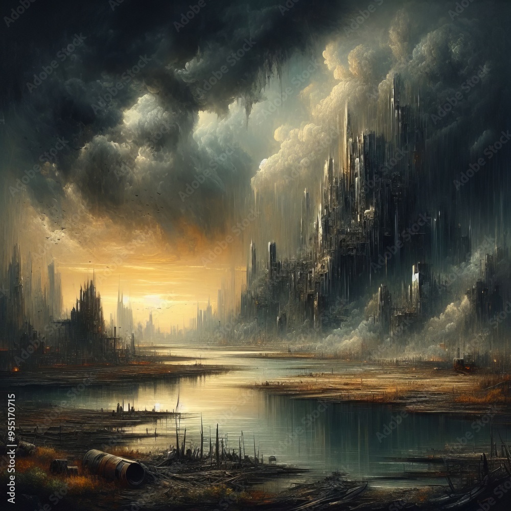 220 Dystopian Landscape Oil Paintings These paintings depict dar Stock ...