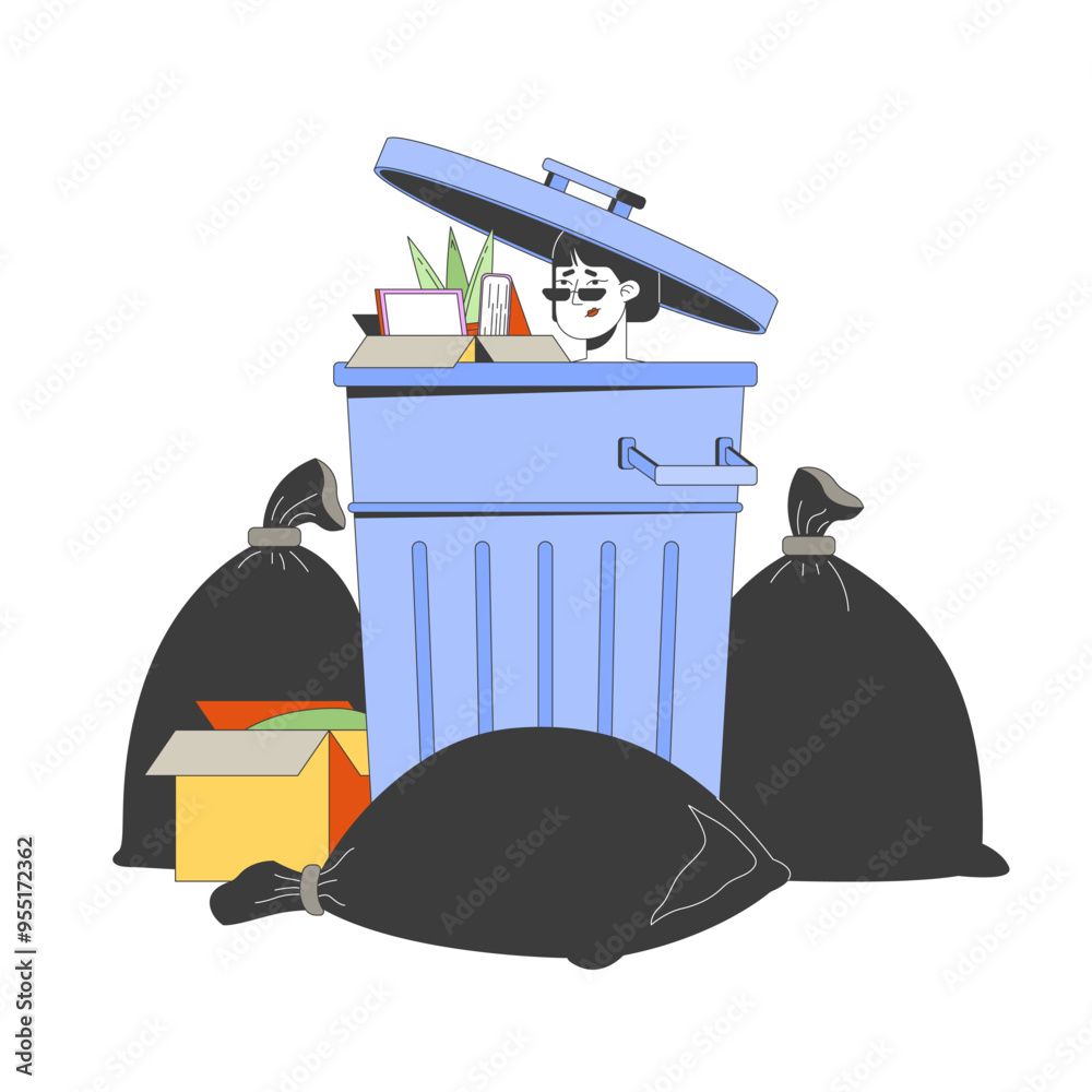 Korean woman with staff box in trash bin cartoon flat illustration ...