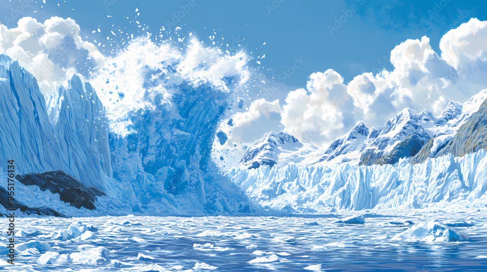 A mesmerizing moment of a glacier calving, where a tower of icy blue crashes into the sea ...