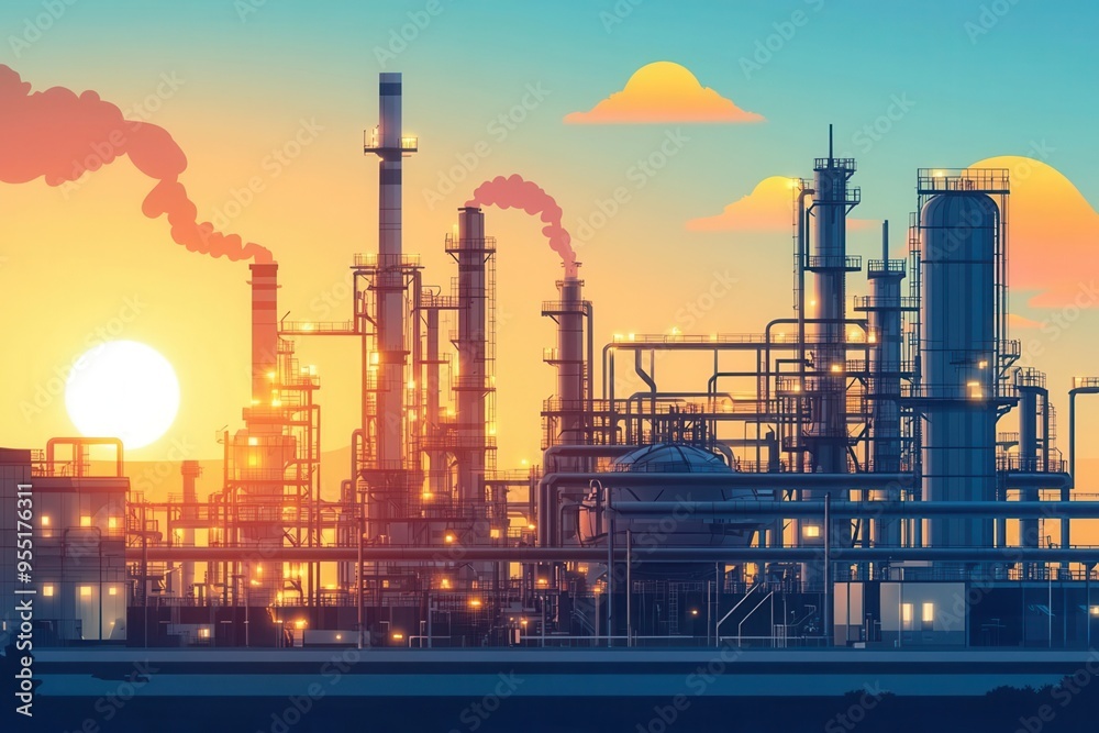 Refinery equipment, detailed industrial setup at sunrise, precise and ...