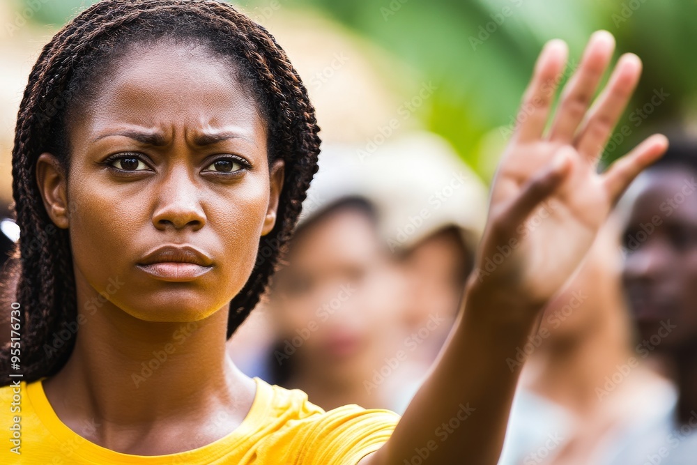 Young black woman protesting domestic violence, abuse, bullying, saying ...