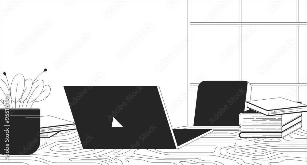 Home office workplace with laptop black and white line illustration ...