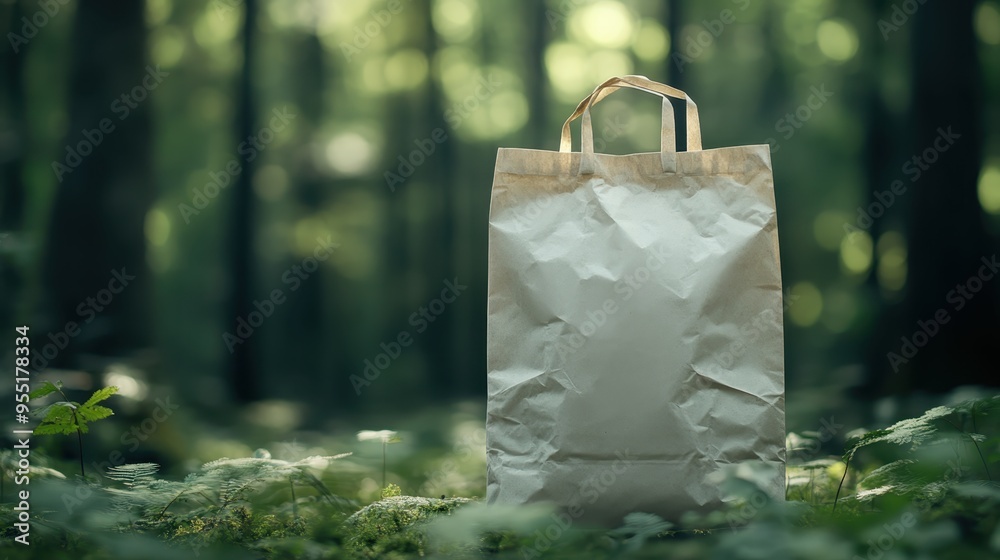 A crisp paper bag sits on the forest floor, with greenery and soft ...