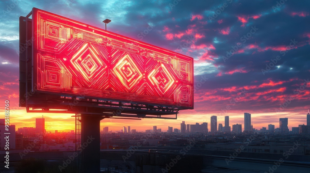 Produce an eye-catching midshot of a glowing red billboard with ...