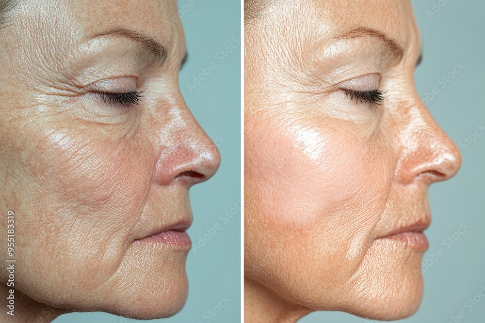 Side-by-side images of a person’s skin before and after a skincare ...