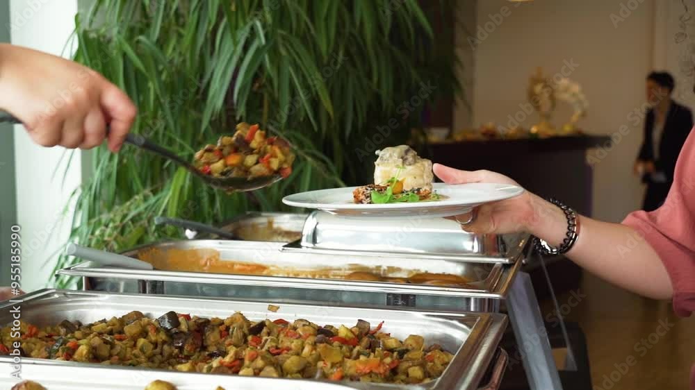 People group catering buffet food indoor in luxury restaurant with meat ...