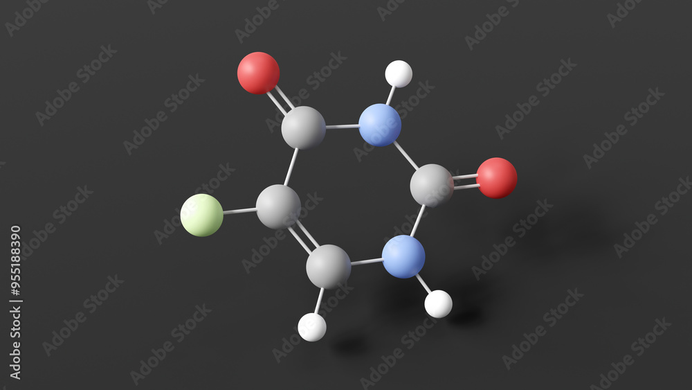 5-fluorouracil molecule 3d, molecular structure, ball and stick model ...