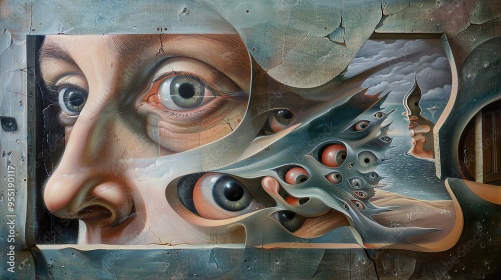 Abstract surrealist painting with multiple eyes and a face peering ...