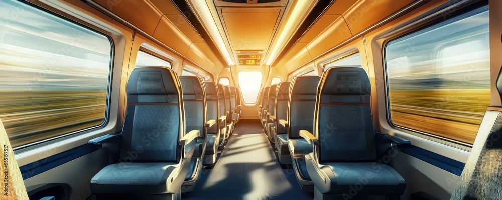 Interior of a modern, empty train carriage with large windows speeding ...