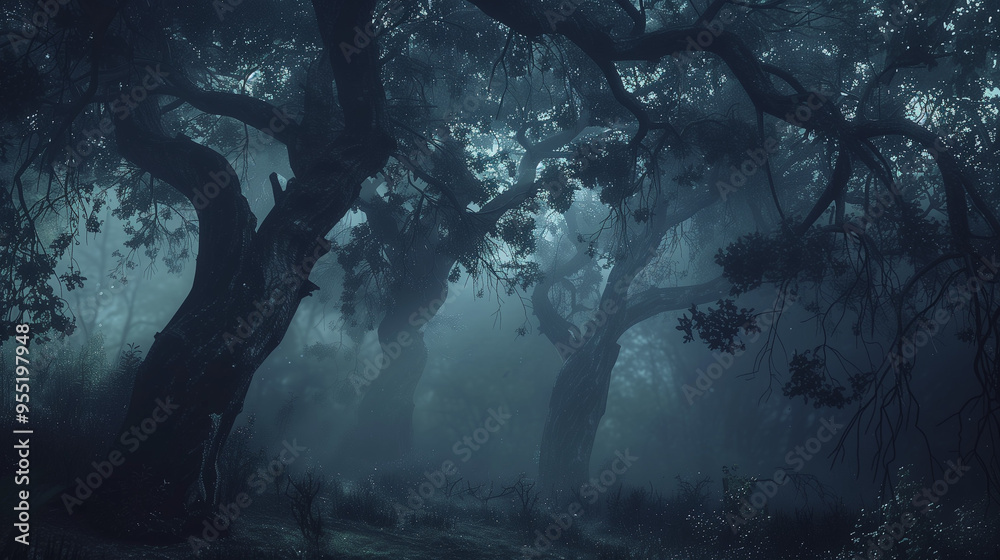 Mystical Forest at Twilight with Dense Fog, Dark and Eerie Atmosphere, Tall Ancient Trees with ...