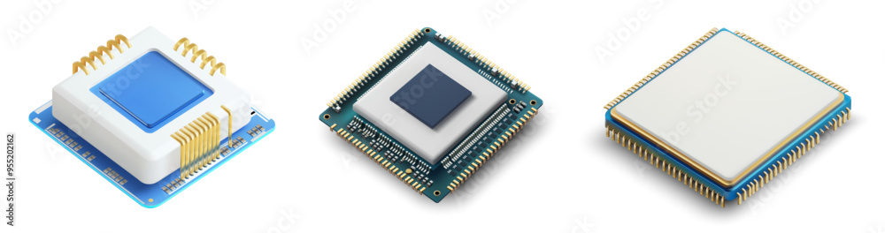 Poster A collection of three CPU microprocessor chips, each with ...
