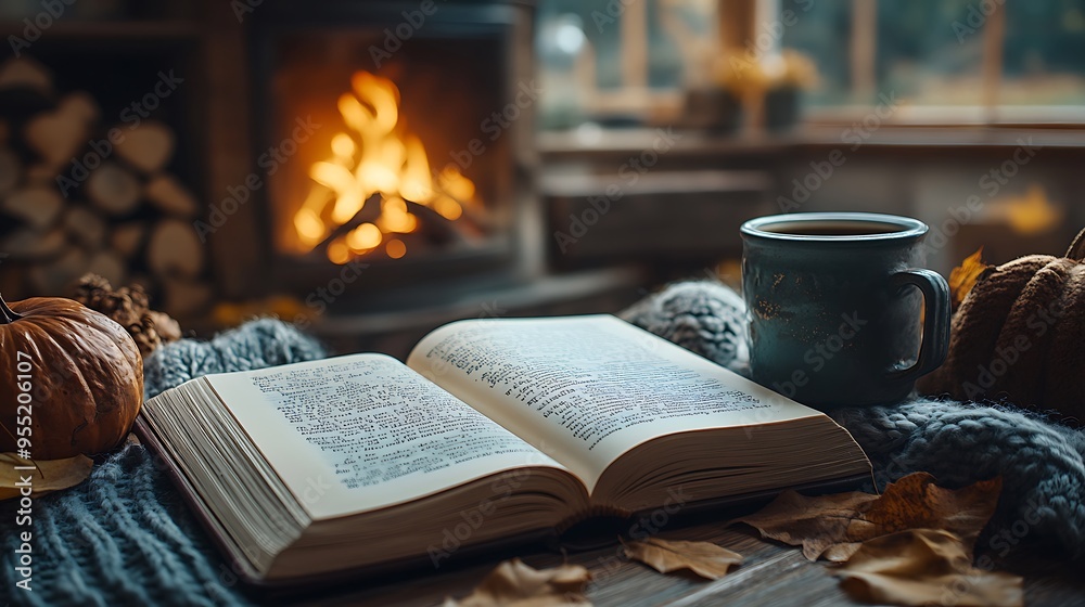An inviting fireside moment with an open book showing handwritten notes ...
