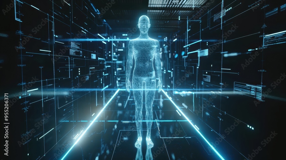 Futuristic holographic human figure in a digital grid, representing ...