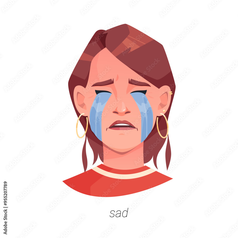 Sad facial expression of girl, crying woman. Vector isolated flat ...