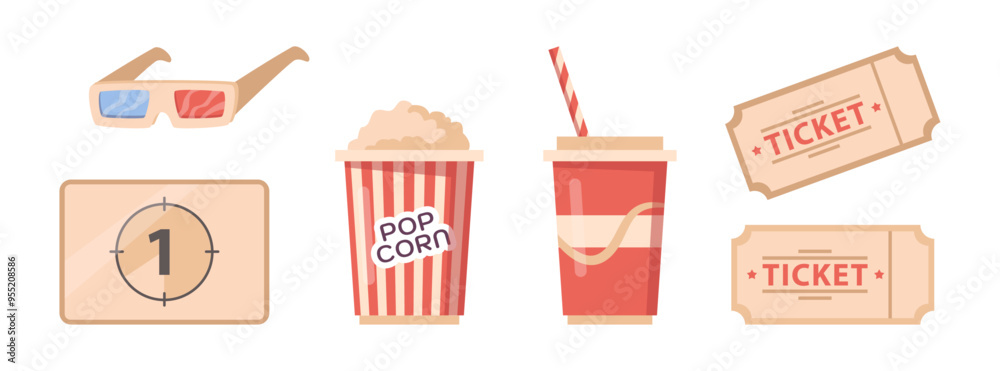 Popcorn and tickets for cinema session. Vector isolated set of ...
