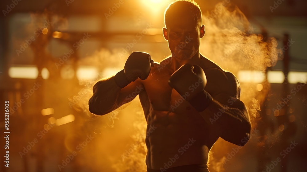 Muscular Bodybuilder Practicing Intense Shadow Boxing in Dimly Lit Gym ...