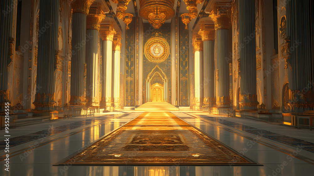 An empty majestic golden throne room with rich royal decor - a king's ...