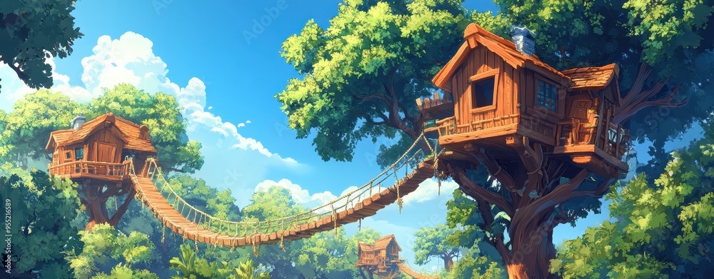Cartoon treehouses suspended against each other and connected with a ...
