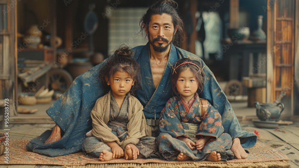 1900 photo of a poor sad japanese family sitting on the floor of a ...