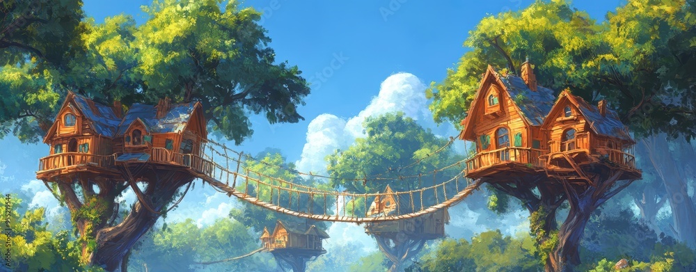 Two cartoon treehouses suspended against each other and connected with ...