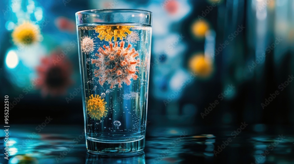 Contaminated water in a drinking glass, with bacteria and viruses ...