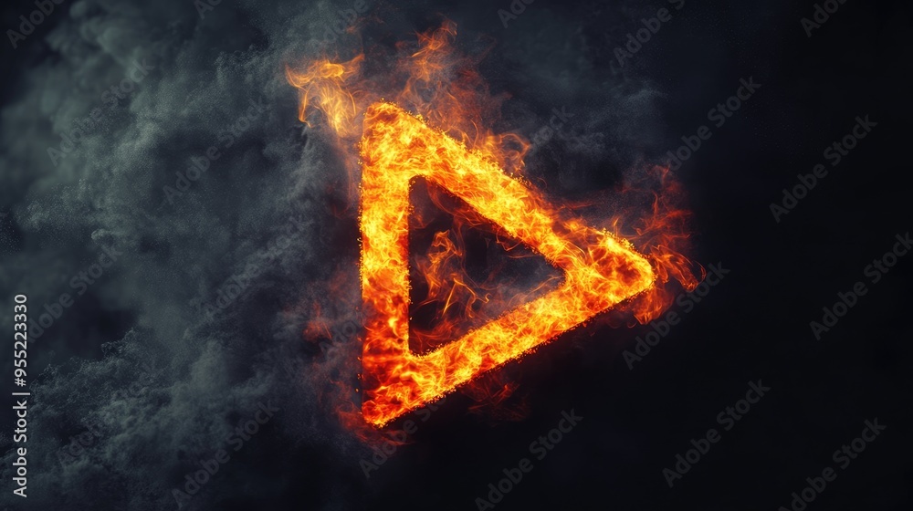 Explosive 3D play button icon with fiery flames and thick smoke ...