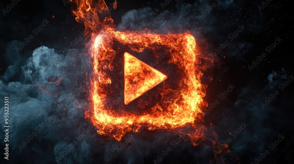Explosive 3D play button icon with fiery flames and thick smoke ...