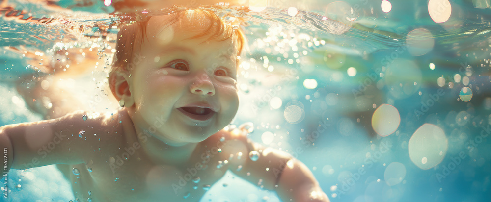 Cute smiling baby having fun swimming and diving in the pool at the ...