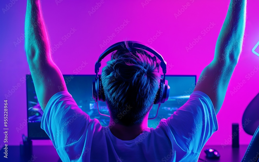 Overjoyed gamer mid-jump, headphones on, arms raised, celebrating in ...