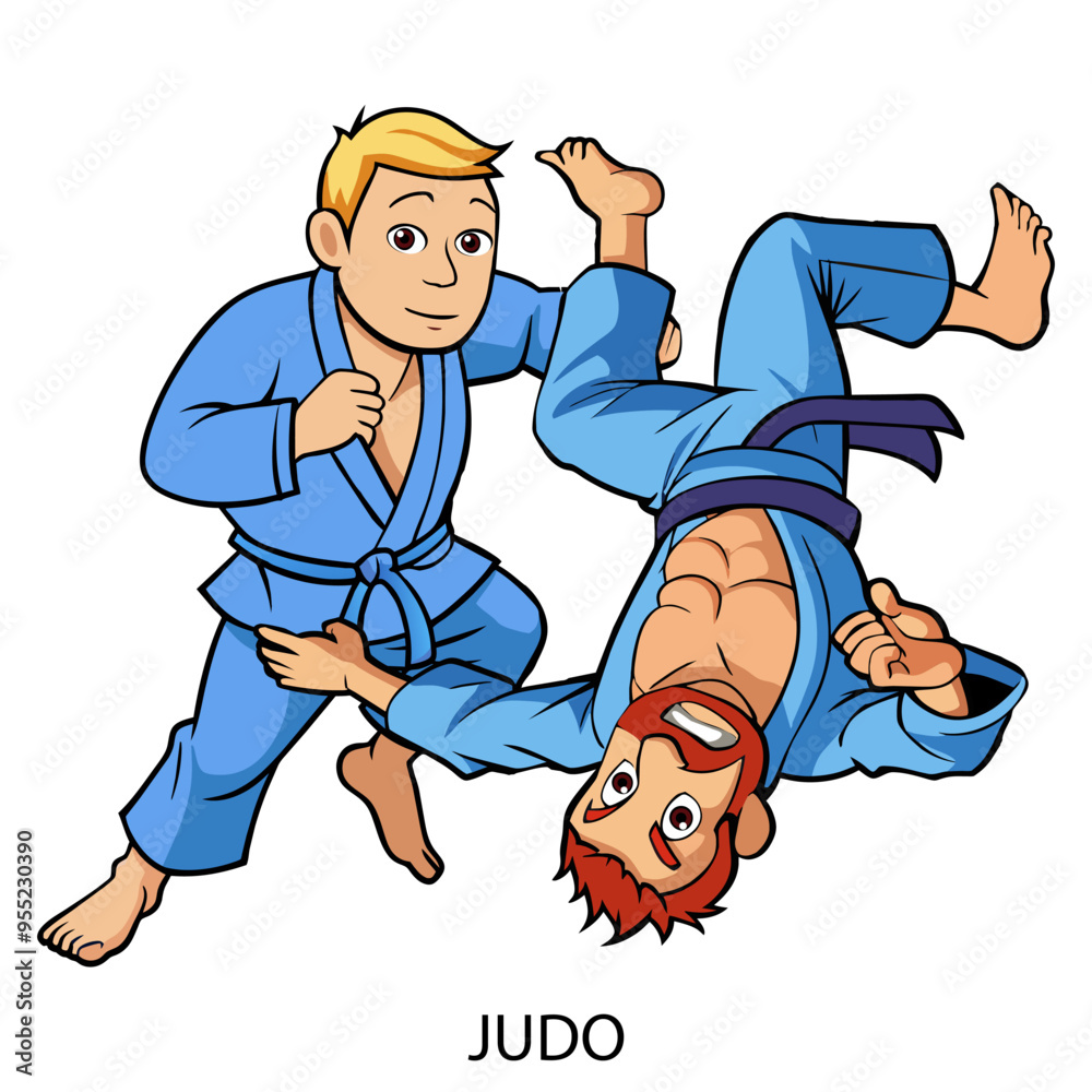 Poster Two judo athletes isolated on white background in cartoon style ...