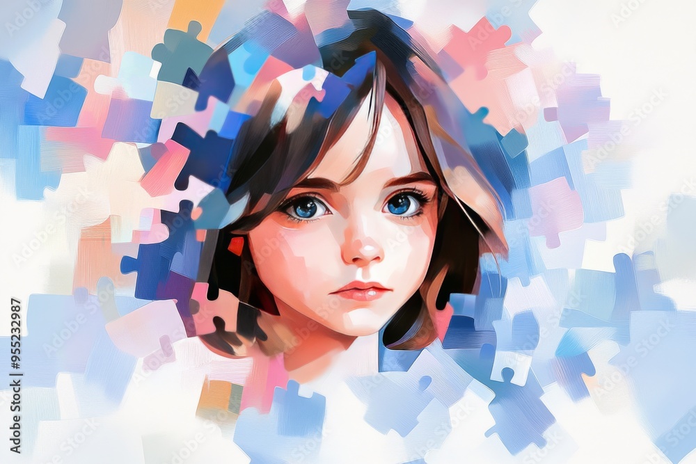 Cooperative network Brainpower Vibrant digital portrait of a woman with ...