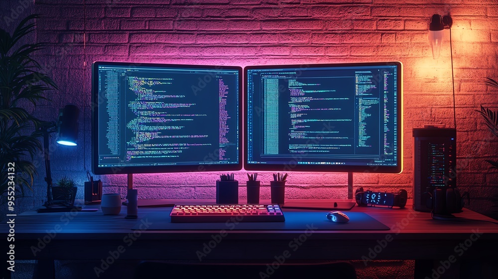 A modern workspace featuring dual monitors with colorful code, ambient ...