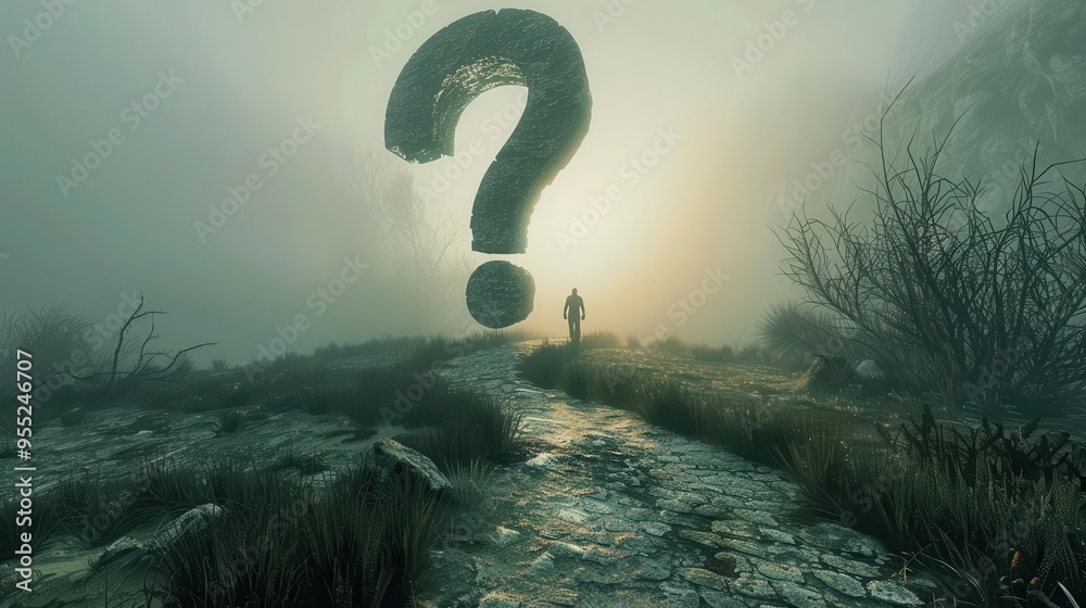surreal landscape with giant question mark looming over lone figure ...